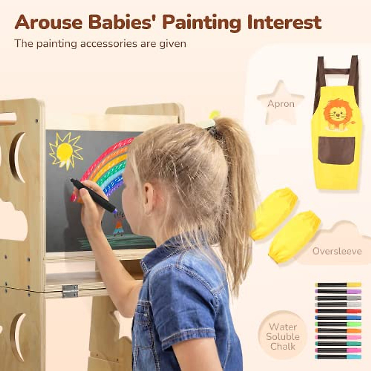 4 in 1 Convertible Learning Tower for Toddlers, MONBLAM Foldable Kitchen Step Helper Stool with Adjustable Height & Safety Rail for 1.5-5Y Kids Kitchen Bathroom Counter