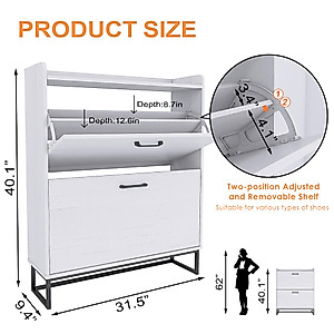 HMYZOM Shoe Cabinet with 2 Flip Drawer, Hidden Shoe Storage Cabinet for Entryway, Narrow Shoe Rack with Adjustable Shelf & Metal Legs, Freestanding Shoe Organizer for Hallway, Living Room, Grain White