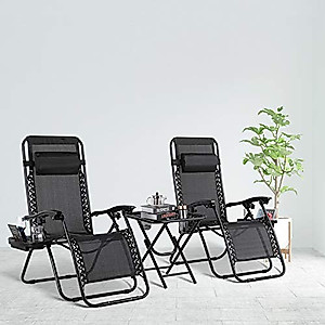 OKVAC Zero Gravity Chair Set of 2 with Side Table, Adjustable Foldable Patio Lounge Recliner w/Pillow&Cup Holder, for in/Outdoor, Poolside, Garden, Camping, Lawn, Yard, Beach, 310LBS Capacity