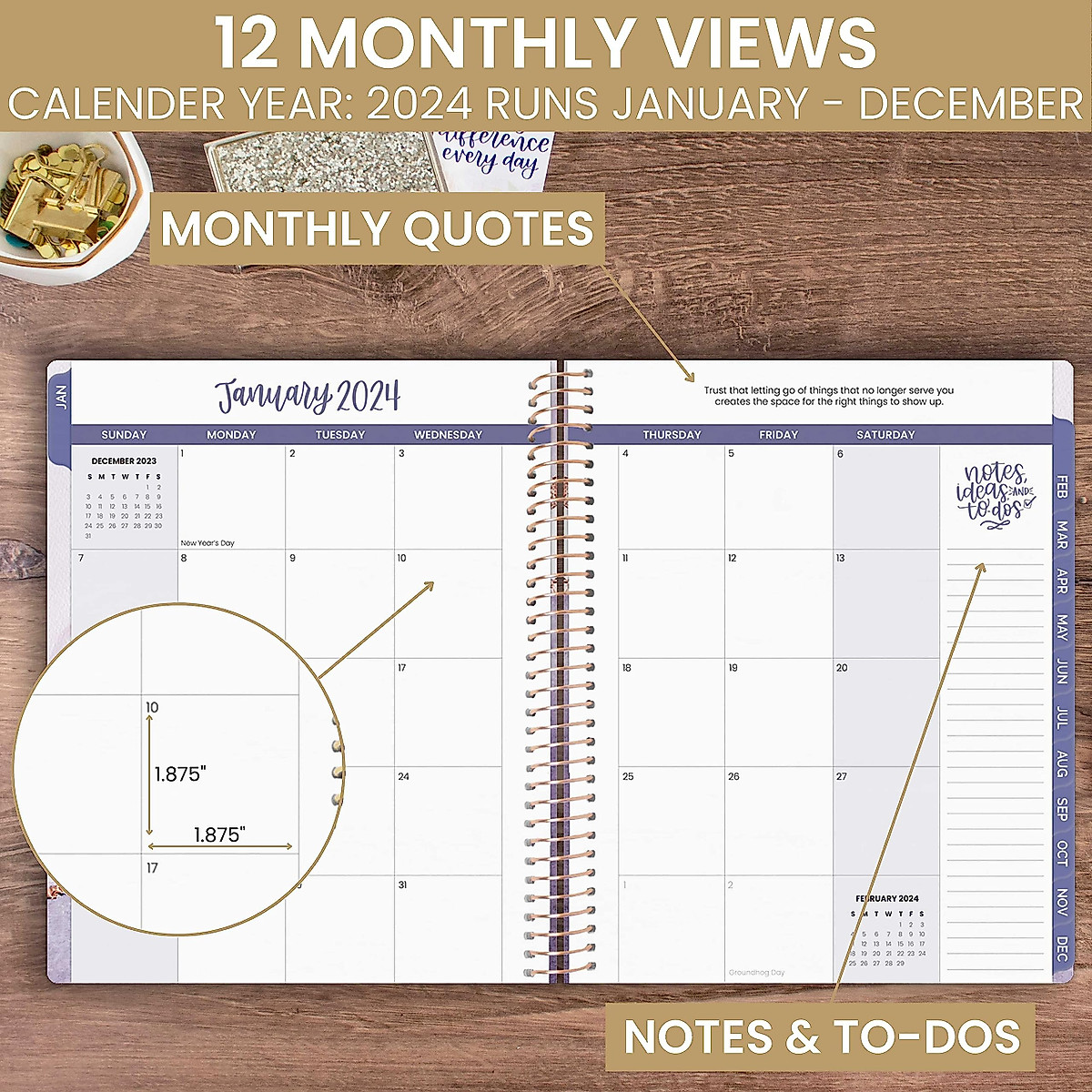 bloom daily planners 2024 (8.5" x 11") Calendar Year Day Planner (January 2024 - December 2024) - Weekly/Monthly Dated Agenda Organizer with Tabs - Daydream Believer, Lavender