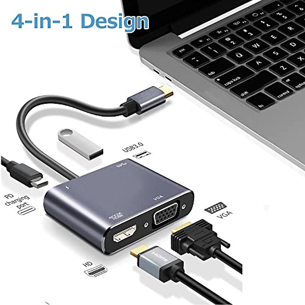 Multifunctional 4-in-1 Type-C Hub Type-C Converter Aluminum Alloy Shell up to 4K Resolution +VGA+USB3.0+PD Charging Ports