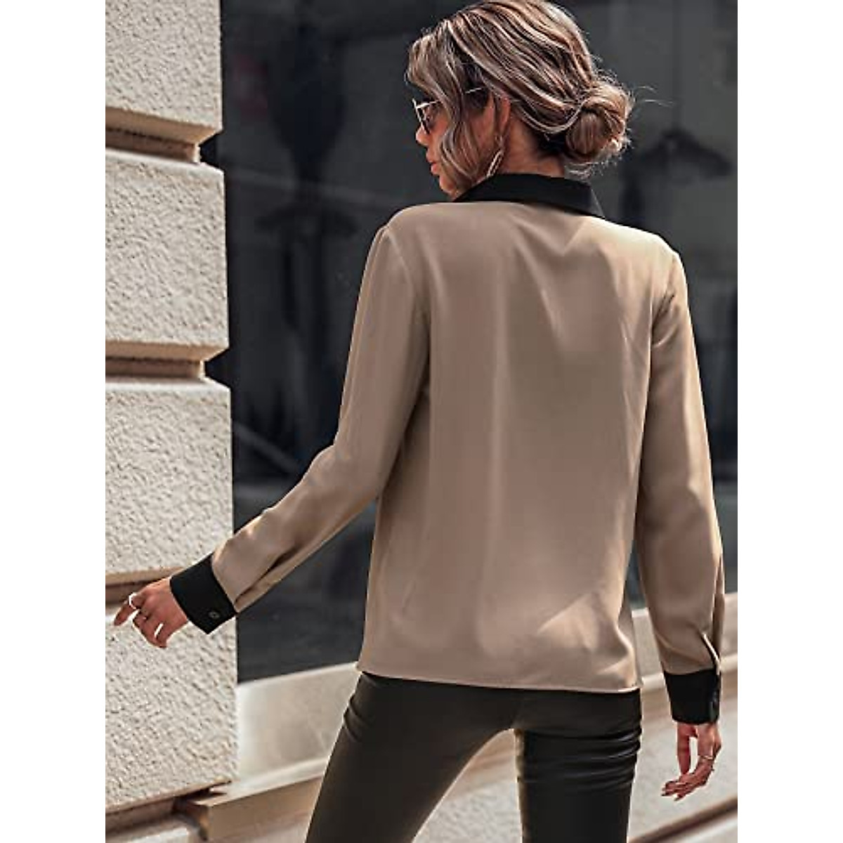 SweatyRocks Women's Color Block Long Sleeve Collar V Neck Shirt Casual Office Work Pullover Blouse Top Apricot S