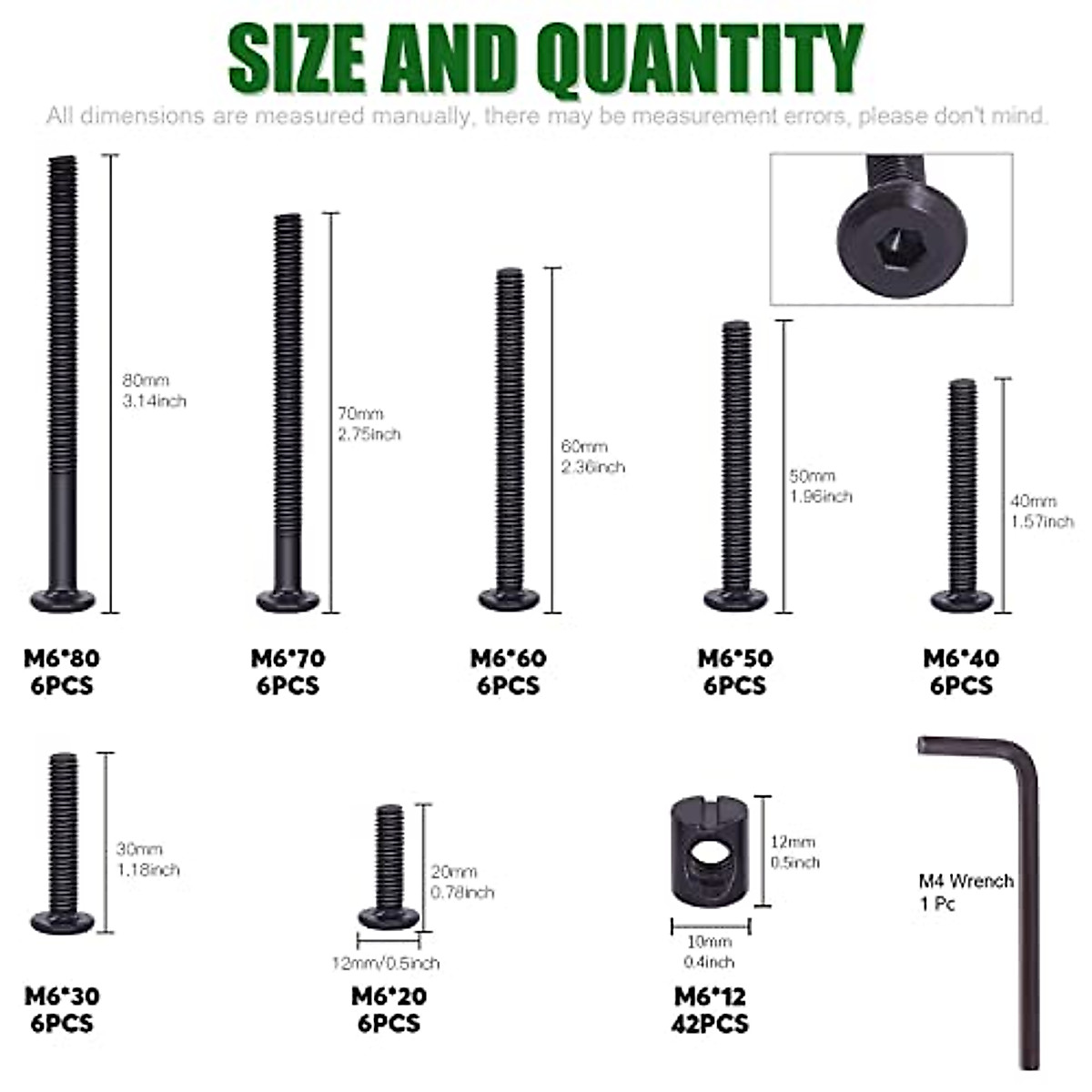 Keadic 185Pcs M6 20/30/40/50/60/70/80mm Baby Bed Screws Hardware Replacement Kit, Hex Socket Head Cap Screws Nuts for Furniture Cots Beds Crib, 1 Hex Key for Free