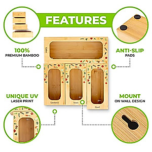 Hadi Home Ziplock Bag Storage Organizer - Premium Bamboo Kitchen Drawer or Wall Food Storage Bag Organizer Holders - With ZO4-BO1-HH BO
