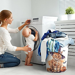 TsyTma Halloween Orange Cat Collapsible Laundry Baskets Laundry Hamper with Handles Scary Bats Pumpkins Round Dirty Clothes Hampers for Laundry Bathroom Bedroom Decor