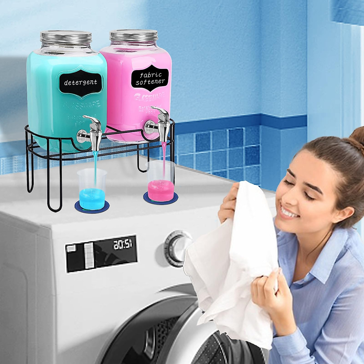 2-Pack 1 Gallon Glass Laundry Detergent Dispenser Set with Bamboo Lids and Stand - Liquid Soap and Fabric Softener Dispensers with Spigots, Cups, Labels and Mats, Laundry Room Organization and Storage