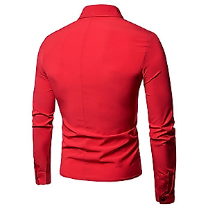 Men's Long Sleeve Double Breasted Shirts Slim Fit Casual Button Down Shirts Turn-Down Collar Party Dress Shirt Top (Red,Large)