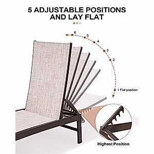 Crestlive Products Patio Chaise Lounge Set, 2PCS Outdoor Aluminum Lounge Chairs with 1PC Side Table, Adjustable Five-Position Recliner for Beach Pool Sunbathing Lawn, Yard (Beige)