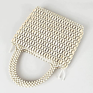 Sushinejing Tote Bag for Women Small Handmade Tote Purse Wood Beaded Retro Handbag (White)