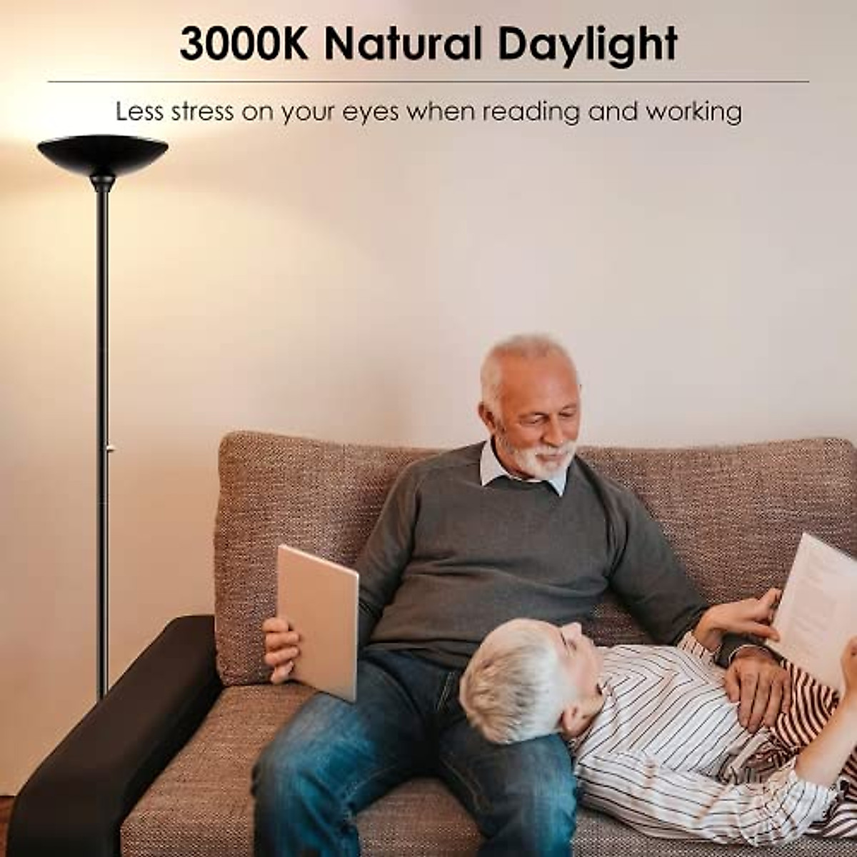 BoostArea Torchiere Floor Lamp, 24W Super Bright LED Standing Lamp, Stepless Dimmable Pole Lamp with 3000K Lighting, Rotary Switch, 70 Inch Tall Metal Modern Floor Lamps for Living Room/Bedroom Black