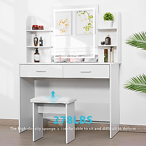 VIVOHOME Makeup Vanity Table Set with 3-Color Dimmable Lighted Mirror, 6 Storage Shelves, 2 Drawers, Cushioned Stool, White