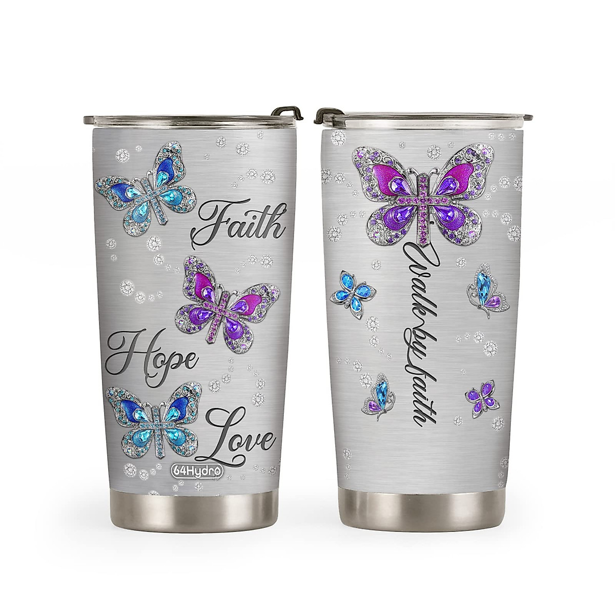 20oz Printed Jewelry Crystal Butterfly Faith Hope Love Tumbler, Religious, Christian Gifts, Coffee Thermos for Women, Stainless Steel Double Wall Vacuum Insulated Coffee Mug, Travel Cup with Lid