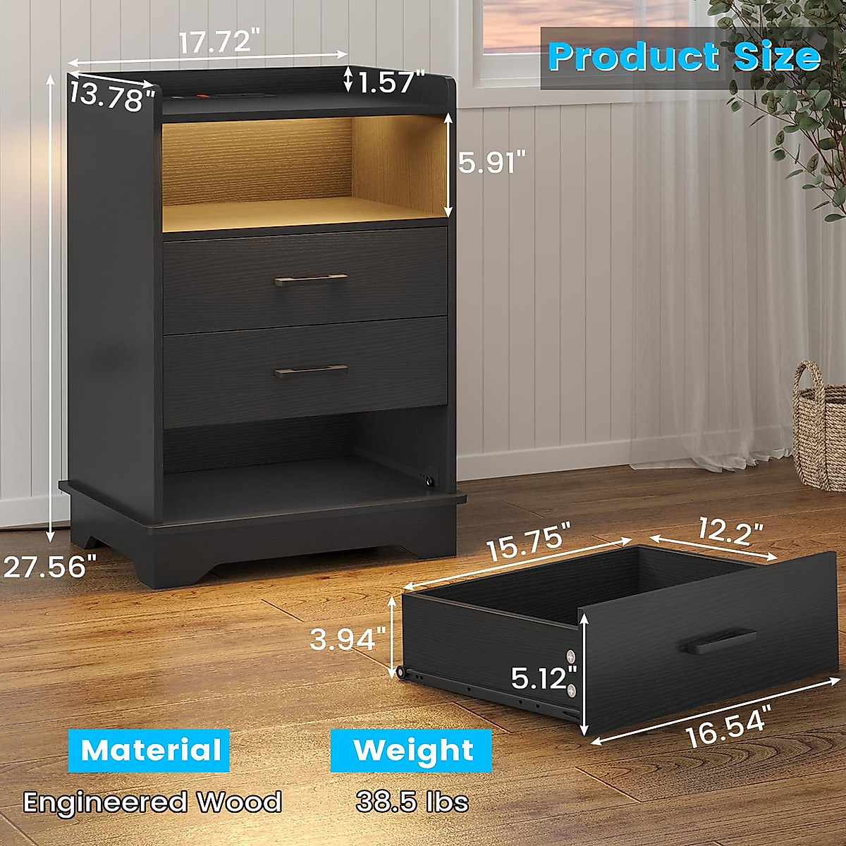 Hasuit Nightstand Set of 2 with Charging Station, LED Lights, 3 Drawers, and Open Storage - Modern Black Bedside Tables