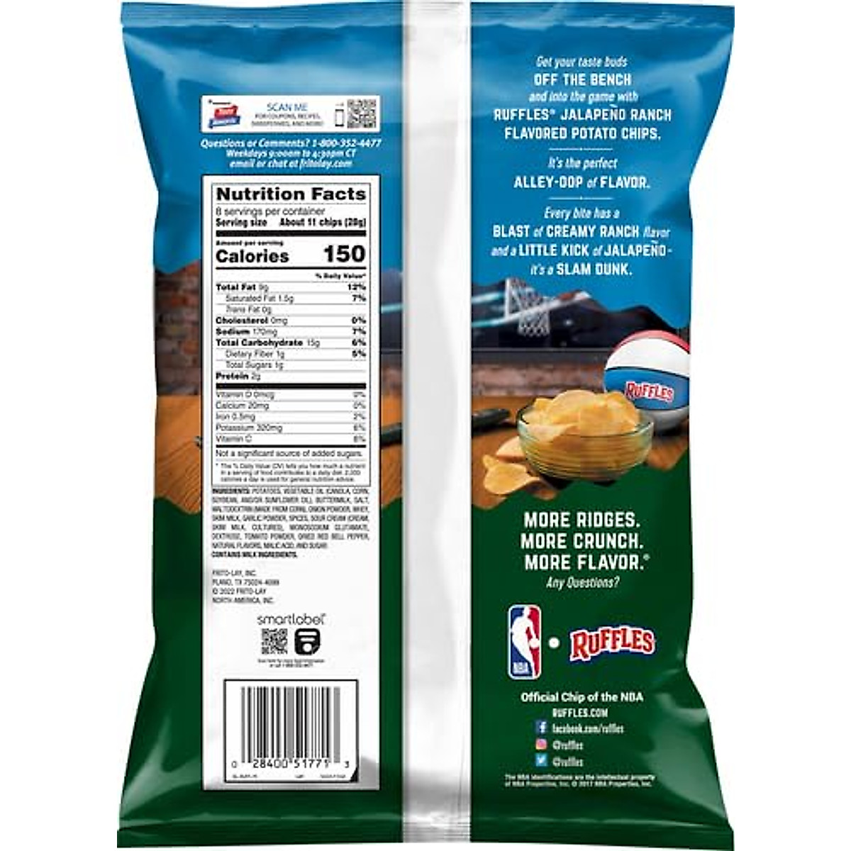 Ruffles Potato Chips, Jalapeno Ranch Flavored Snacks, 8 Oz Bag