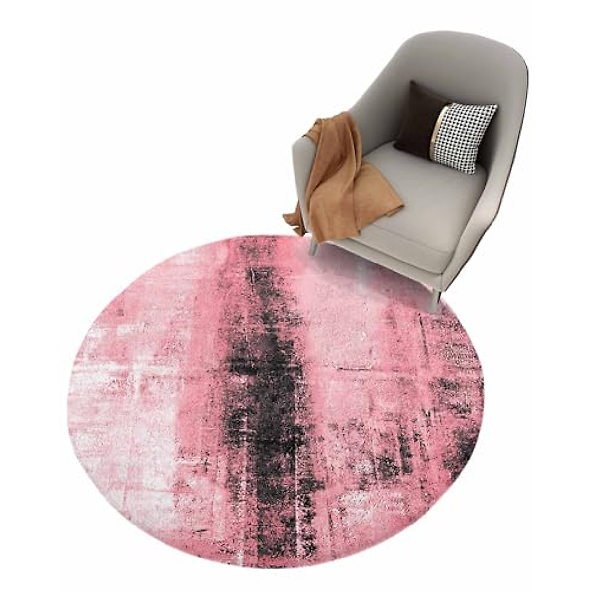 Modern Abstract Fluffy Round Area Rug Carpets 3ft, Plush Shaggy Carpet Soft Circular Rugs, Non-Slip Fuzzy Accent Floor Mat for Living Room Bedroom Nursery Blush Pink Painted Geometric Graffiti Art