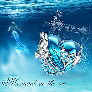 FOREVER QUEEN Mermaid Charms fit Charms Bracelet 925 Sterling Silver Charms Bead CZ Heart Shape Blue Enamel Bead Ocean Sea Charm for Snake Bracelets Necklace Women Girls Gift