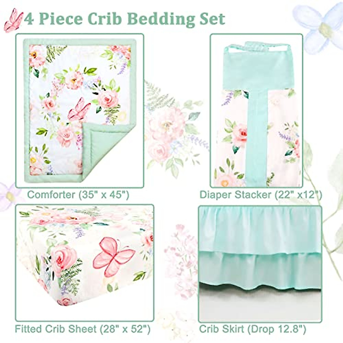 CARUILI 4-Piece Crib Bedding Set, Baby Girl Crib Bedding Set Butterflies Floral Nursery Bedding Set Includes Comforter, Fitted Crib Sheet, Crib Skirt, and Diaper Stacker, Green & Pink
