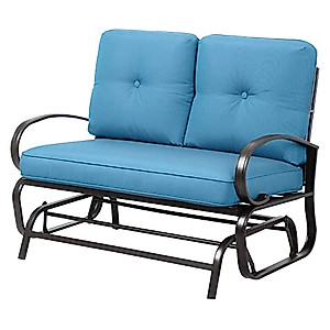 JY QAQA Outdoor Patio Metal Glider Rocking Bench, Garden Porch Furniture Glider, Wrought Iron Chair Set with Cushion, Blue