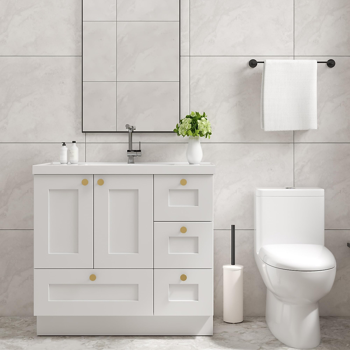 JPND White Shaker Style 36" Bathroom Vanity with Sink Top, Wooden Double Door Bathroom Storage Vanity with Soft-Close Door and 4 Drawers (Faucet and Knobs Not Included)