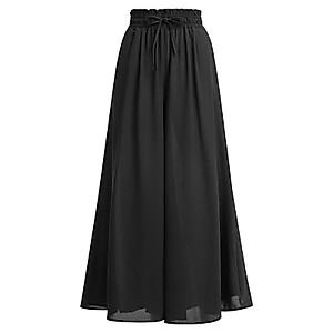 ODIZLI Flowy Beach Pants for Women Wide Leg Pants for Women Petite Length Palazzo Pants for Women High Waisted Beach Long Trousers Loose Fit Boho Pants Wrap Around Pants Gaucho Pants Black XL
