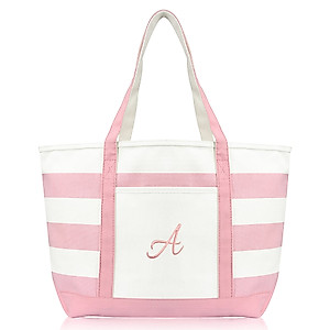 DALIX Striped Beach Bag Tote Bags Satchel Personalized Pink Ballent Letter A