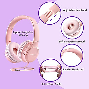 Kids Headphones Wired, Over-Ear Headphones for Kids Boys Teens Girls Adults, Volume Limiter 94dB & Adjustable Headband, Foldable Adjustable Headset for School Travel, 3.5mm Jack for iPad Tablet, Pink