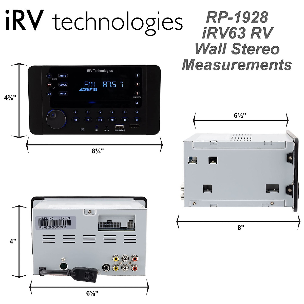 Car Stereo with Bluetooth,IRV Technology iRV63 Independent Zone 3 Wireless RV Radio,Supports HDMI ARC,APP,Digital Surround Sound,A&FM,DVD,MP4,CEC,NFC,Clock,3 Zones Wall Mount Car Audio Receiver