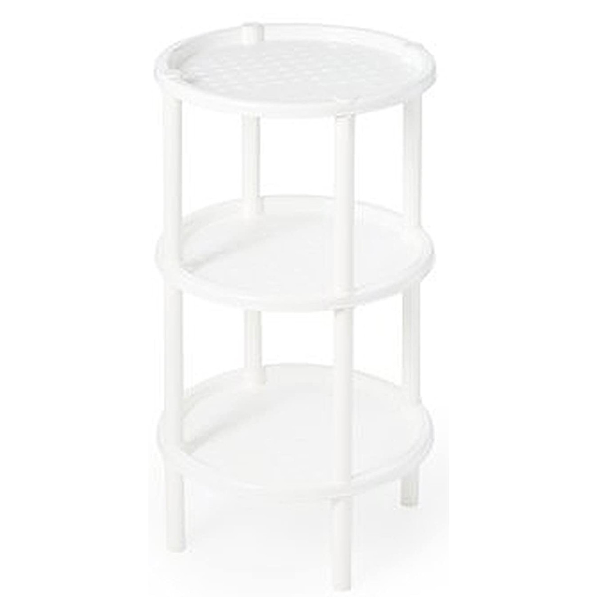 3 Tier Shelf, End, Bed or Display Table, Self-Standing Shelving for Bathroom Toiletries, Storage and Organization. 13 ¾” diameter, 24” height, 9 ¼” space between shelves. Load 10 lbs. per tier (White)