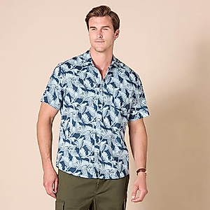 Amazon Essentials Slim-Fit Men's Short Sleeve Button Down Shirt, Aqua Blue Navy Palm Leaf Design, XX-Large