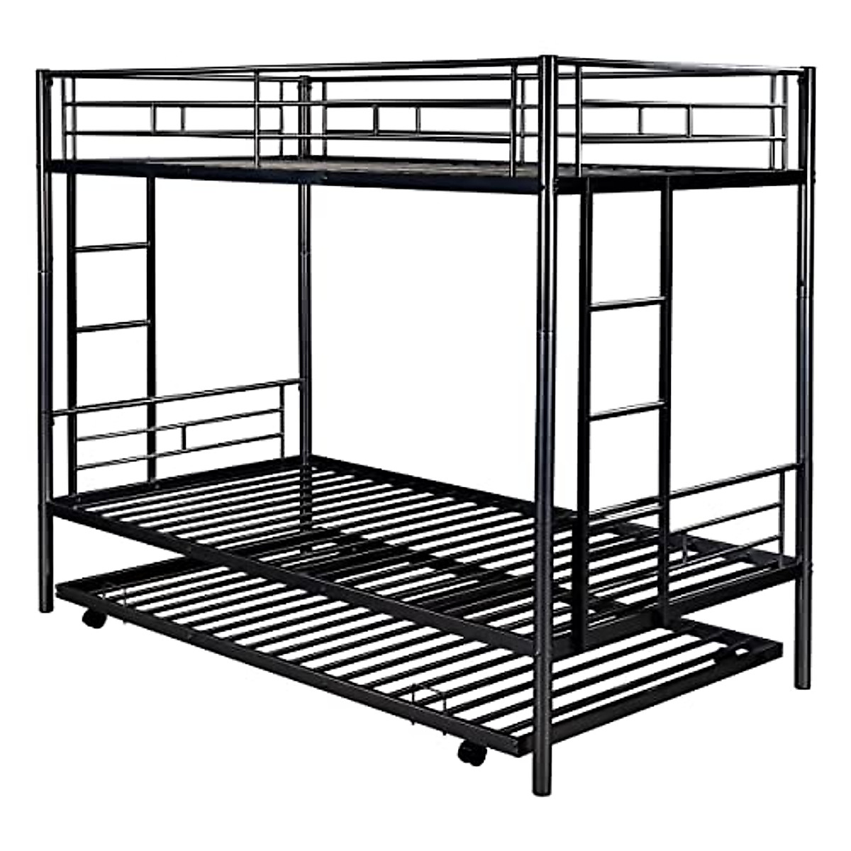 HICOMILA Metal Bunk Bed with Trundle, Twin Over Twin Bunk Bed for Kids, Teens, Adults, Can be Separate into Two Individual Twin Beds, Black
