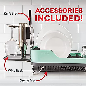 DASH SmartStore™ Full Size Dish Rack – Plates, Cups, Utensil Holder, Knife Slot, Drainage Spout + Drying Mat – Aqua