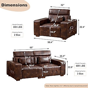 Oprisen 82”Modern Loveseat Sofa Couch for Livingroom Comfy PU Leather Loveseat Couch w/Adjust Headrest, Tufted Button Deep Seat Futon Set w/Wide Arm/Pillows for Apartment (PU-Brown)