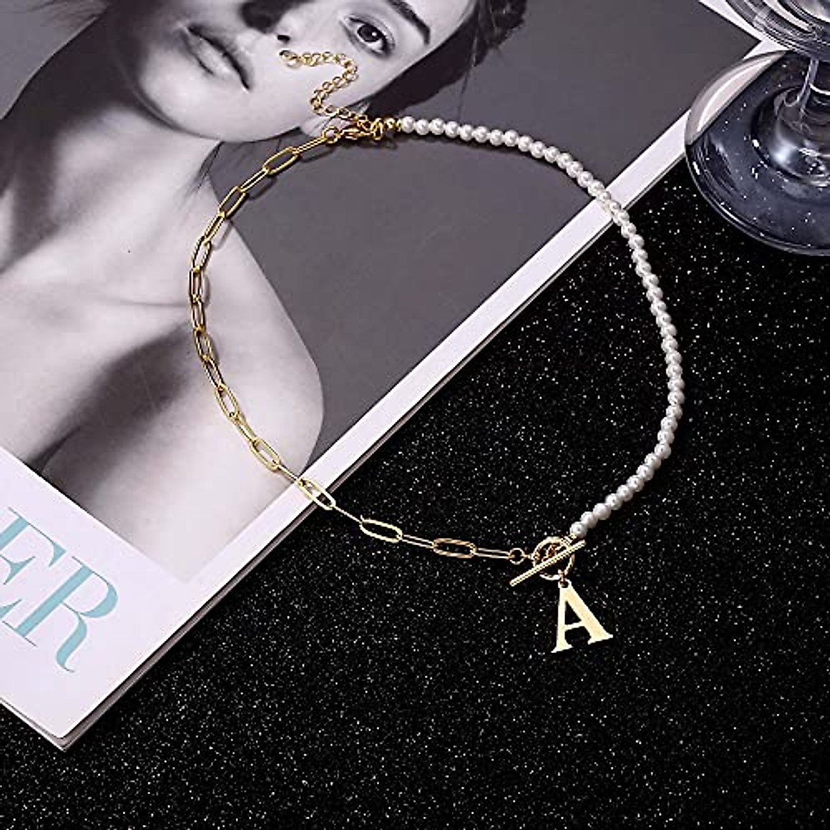 Dainty Initial Pearl Necklace for Women, 14K Gold Plated Paperclip Link Chain Necklace Toggle Clasp Necklace Initial Necklaces Gold Jewelry for Women Letter D