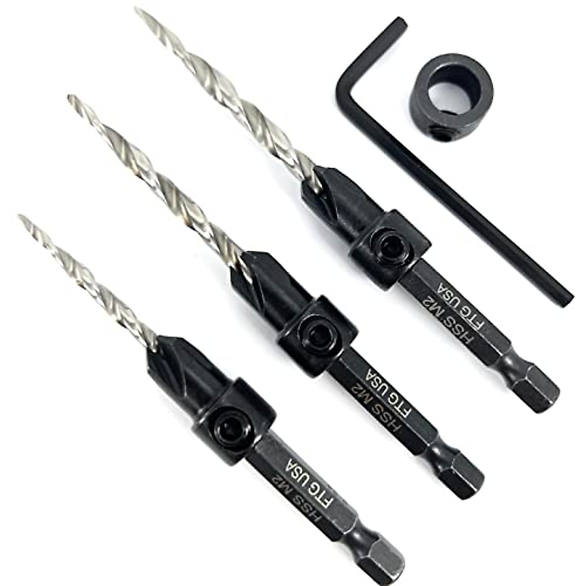 FTG USA Wood Countersink Drill Bit Set 3 Pc Countersink Drill Bit #6#8#10 with 6 Storage Containers,1 Stop Collar, 1 Allen Wrench