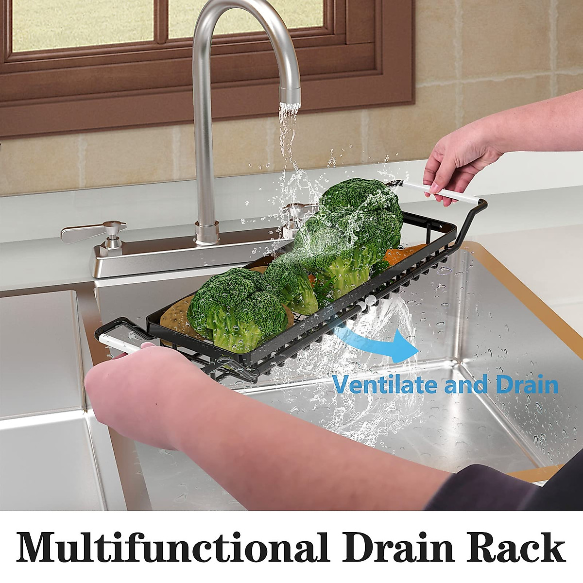 Sink Caddy, Expandable Kitchen Sink Organizer,Stainless Steel Sponge Holder for Kitchen Sink,Over Sink Kitchen Caddy with Dishcloth Towel Holder,Telescopic Sink Rack for Soap,Scrubber Brush (Black)