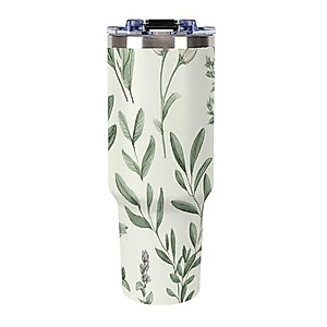 40 Oz Vacuum Tumbler with Black Handle Leakproof Insulated Tumbler Green Flower Herb Sage Leaves Stainless Steel Travel Mug with Lid And Straw Coffee Cup Cute Water Bottles Cup Holder Friendly
