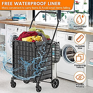 [2023 Upgrade] Shopping Cart with 360°Swivel Wheels,Waterproof Liner, Double Basket,Portable Foldable Grocery Cart, Folding Utility Shopping Carts for Seniors,Groceries,Laundry,Transport