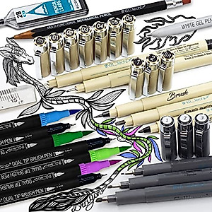 All-in-One Artist Drawing Pens Set -16 Dual Tip Brush Pens, 3 Calligraphy Pens, 10 Drawing Pens, Ruler, White Ink Pen, Mechanical Pencil, Sketch Pad Perfect for Coloring Journaling Planner Projects