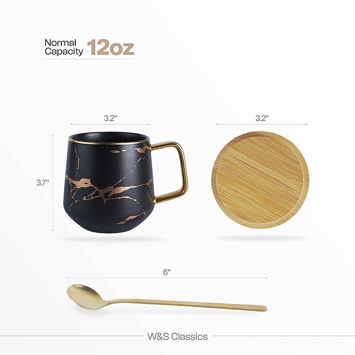 Classic Ceramic Kintsugi Style Black Coffee Tea Mug with Gold Inlay, Spoon and Bamboo Lid- 12 OZ, Large Mugs for Men and Women, Unique Design, Perfect Novelty Gift- Dishwasher Safe