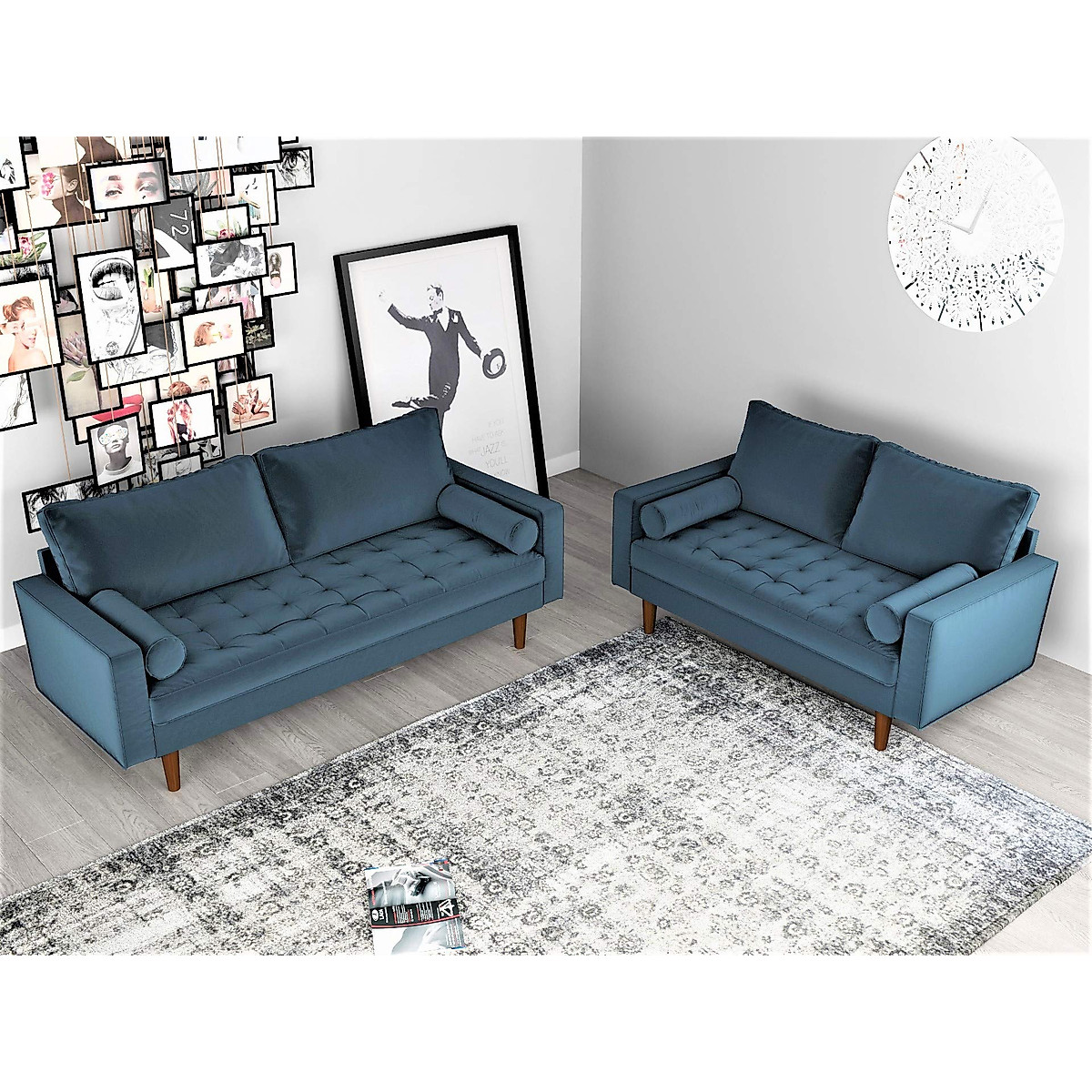 Container Furniture Direct S5456 Mid Century Modern Velvet Upholstered Tufted Living Room Sofa, 69.68", Prussian Blue