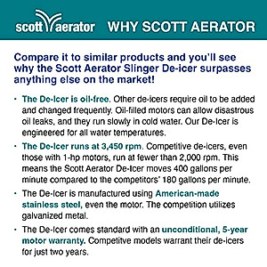 Scott Aerator Slinger De-Icer for Lakes & Ponds | 1/2 Horse Power 115V Stainless Steel & Oil Free Motor with 5 Years Warranty | 100 ft. Electric Corded Cable Included | Made in USA