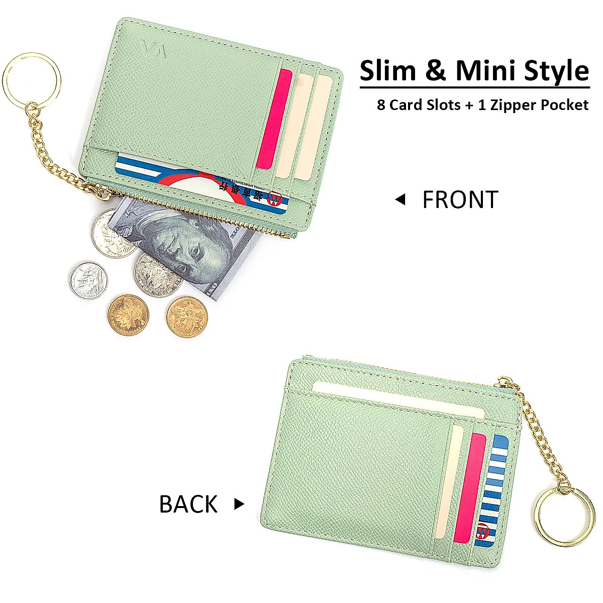 Valentoria Slim RFID Blocking Card Holder Small Pocket Wallet Keychian Zipper Coin Purse Minimalist Leather Cash & Coin & Cards Case for Women Men (Green)