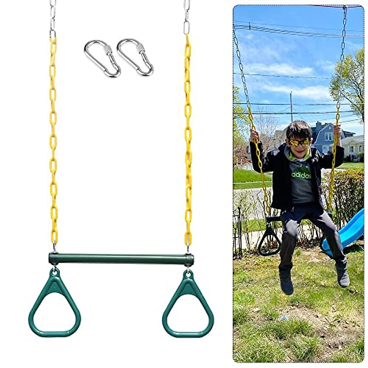 Take Me Away 18'' Trapeze Swing Bar Rings 48'' Heavy Duty Plastic Coated Chains Swing Set Accessories Playground Swing seat, Green