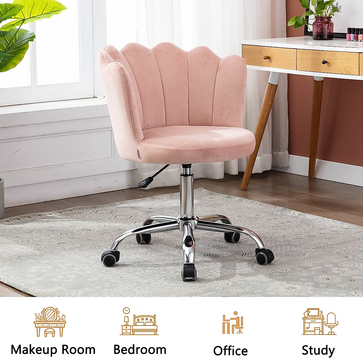 Home Office Desk Chair Cute Velvet Vanity Chair for Makeup Room Swivel Desk Chair with Shell Back Task Chair Girls Makeup Chair with Wheels Swivel Task Chair Rolling Chair for Bedroom Living Room