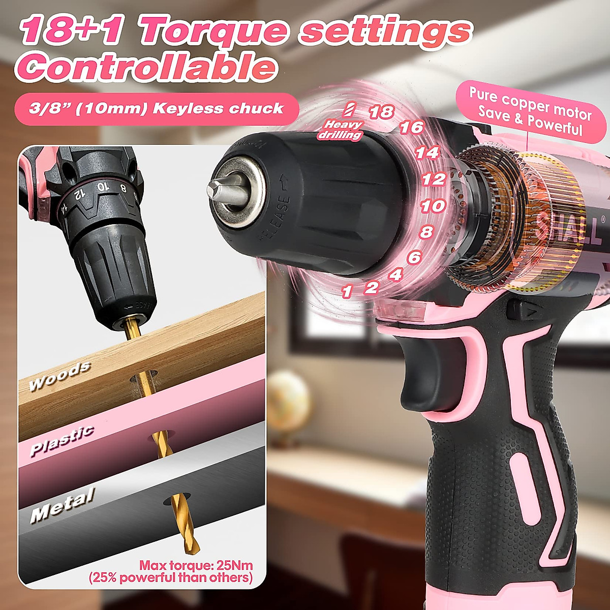 SHALL 43-Piece Pink Cordless Drill Set, 12V Electric Drill, 3/8" Keyless Chuck, 2Ah Li-ion Battery, 8 HSS Drill Bits & 32 Screwdriver Bits Included, for Drilling Wood/Metal, Women DIY Projects