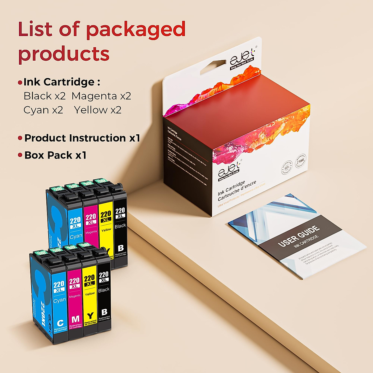 T220 220XL Ink High Capacity Black & Color Cartridge ejet Remanufactured Replacement for Epson 220XL Ink Cartridges 220XL for WF-2760 WF-2750 WF-2650 XP-320 XP-420(2 Black, 2 Cyan, 2 Magenta, 2Yellow)