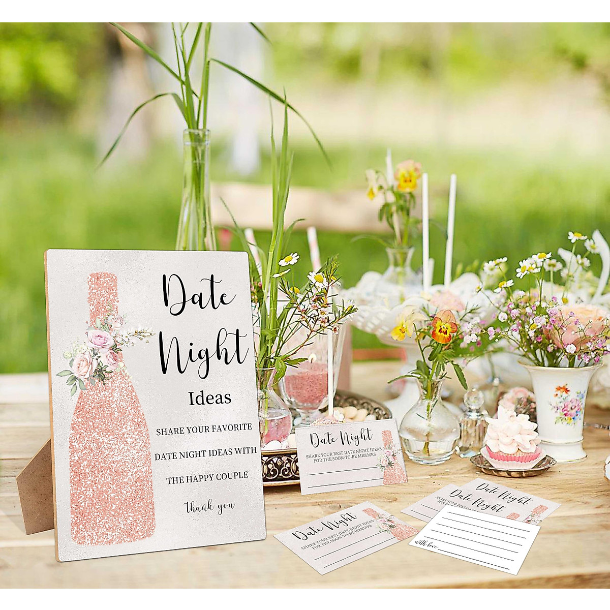 Date Night Ideas for Couples, Bridal Shower Games Date Night Sign, 1 Wooden Sign with 50 Cards, Floral Wishes Advice Game for Wedding, Bachelorette Party Night, Engagement Decoration