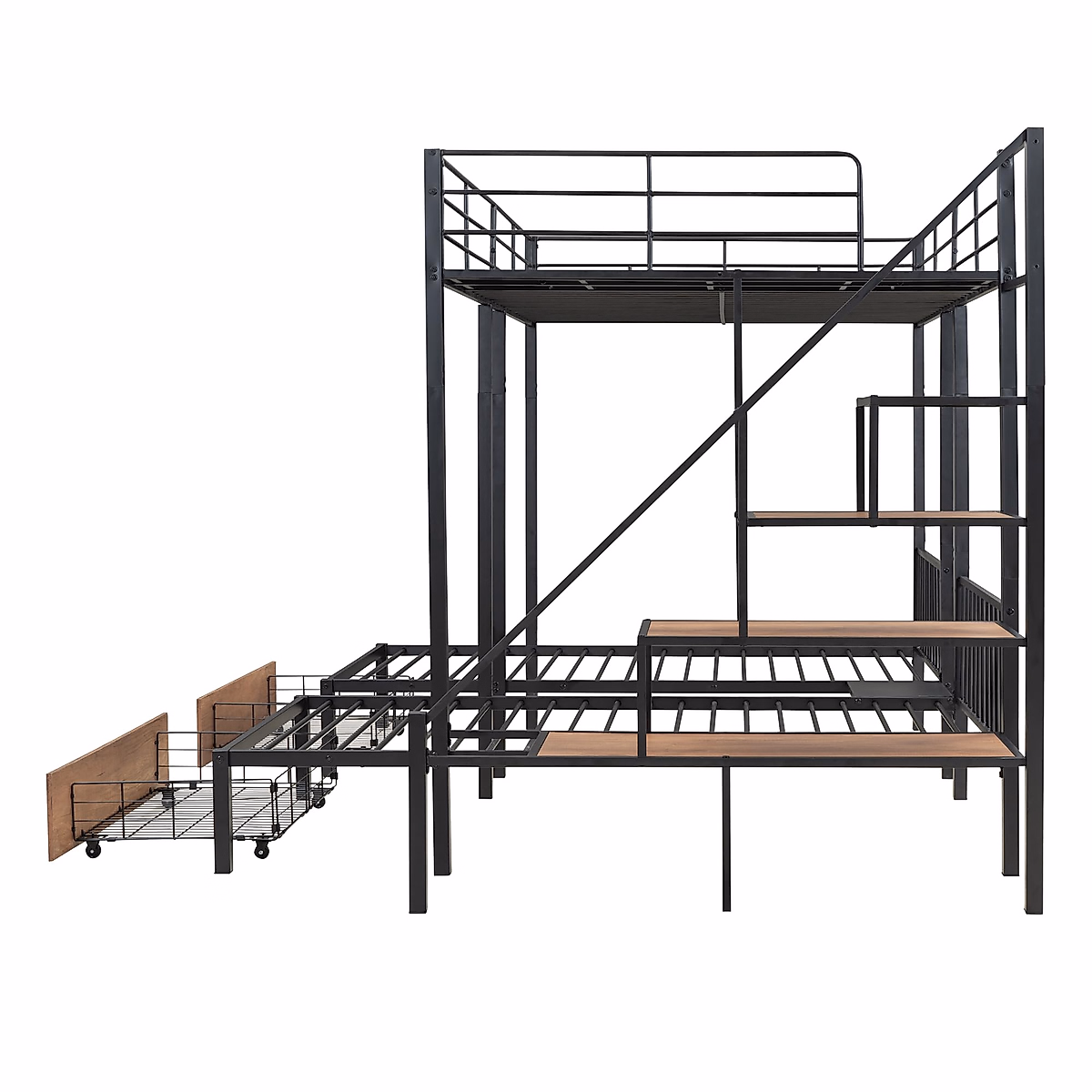 FANYHOME Full Over Twin & Twin Size Metal Bunk Bed with Drawers and Staircase, Divided into 4 Separate Beds, Heavy-Duty Steel Frame Bunk Bed for Kids Teens Adults (Black)