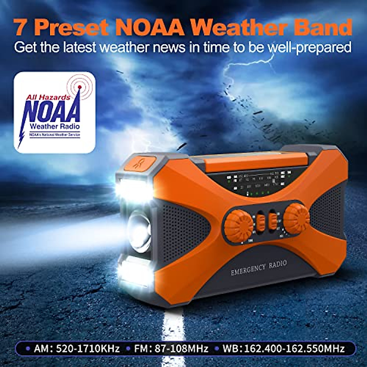 【10000mAh】 Emergency Radio Hand Crank Solar, NOAA Weather Radio Multiple Power Sources,Flashlight, Reading Lamp,Cell Phone Charger, SOS Alarm, Portable AM/FM/WB Radio with Headphone Jack (Orange)