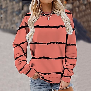 Homisy Women's Vintage Stripe Print Sweatshirt Casual Long Sleeve Pullover Sweatshirt Tops Loose Fit Crewneck Sweatshirt Watermelon Red